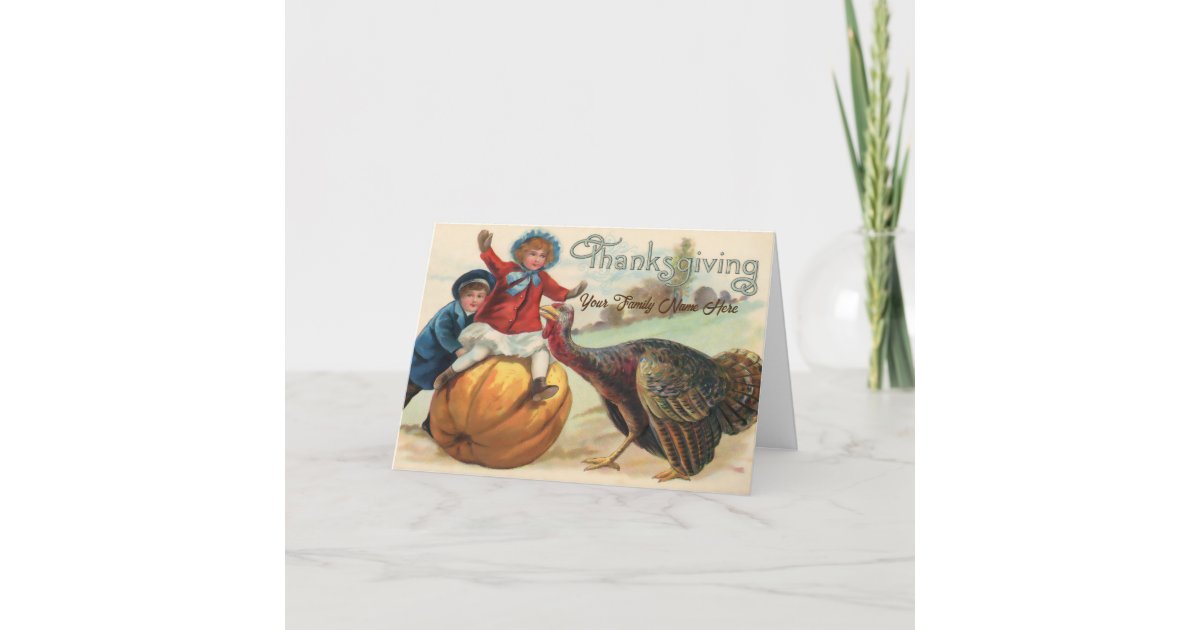 colorful with kids a pumpkin and a Turkey Thank You Card | Zazzle