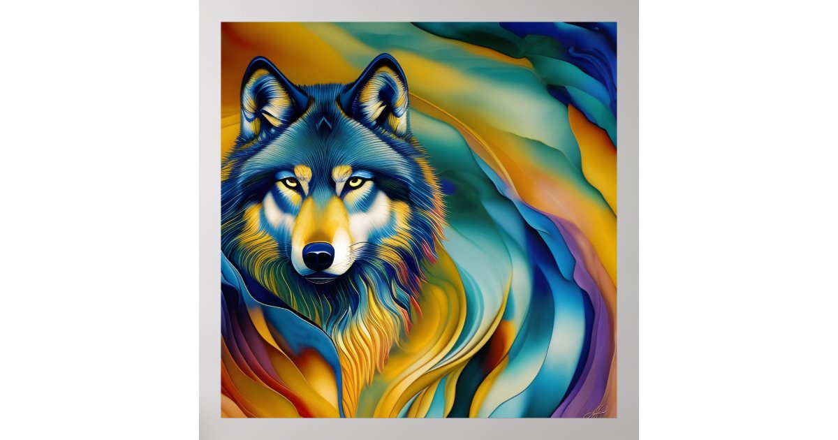 Colorful Wolf and Mountain Waves Poster | Zazzle
