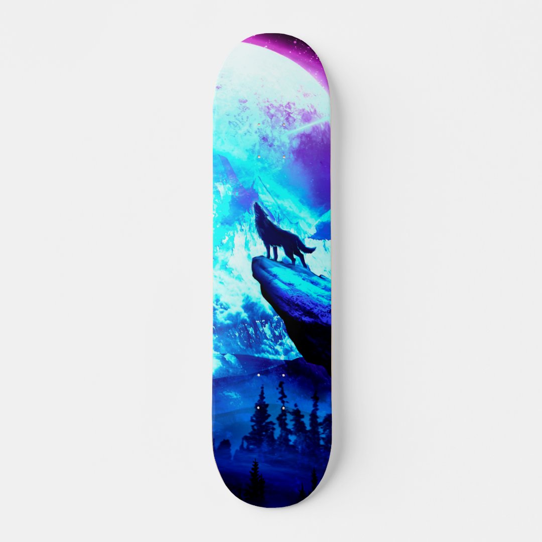 Colorful wolf howling skateboard | Zazzle