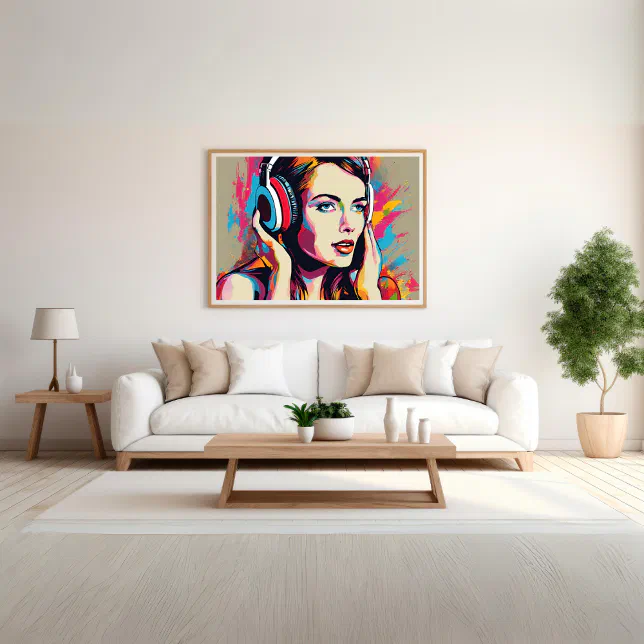 Colorful Woman Listens to Music Pop Art Poster | Zazzle