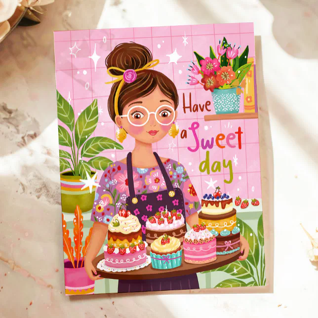Colorful Woman with Cakes Illustrated Birthday Postcard | Zazzle