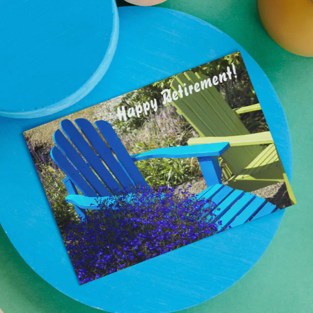 Colorful Wooden Lawnchairs Photo Retirement Card | Zazzle