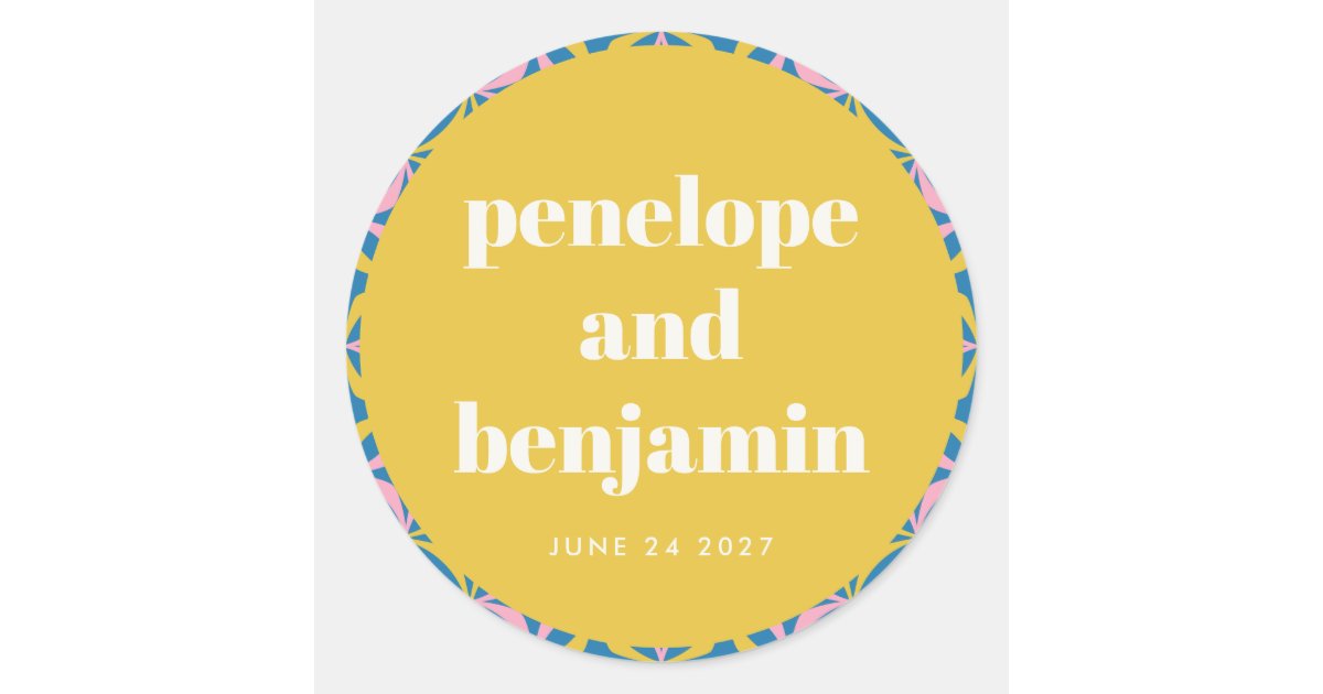 Colorful Yellow Geometric Custom Wedding Names Classic Round Sticker ...