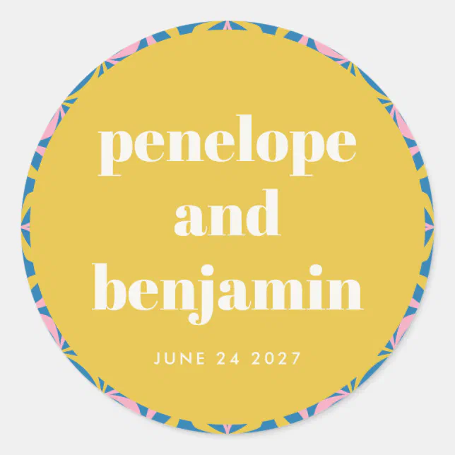 Colorful Yellow Geometric Custom Wedding Names Classic Round Sticker ...
