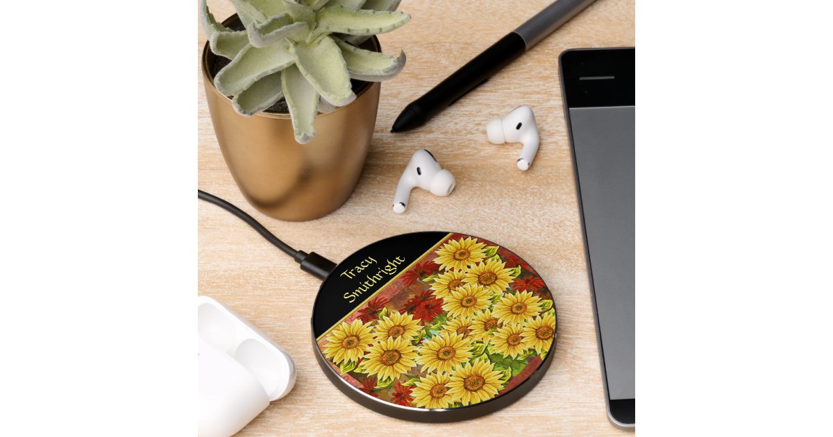 Colorful yellow tropical sunflowers wireless charger | Zazzle