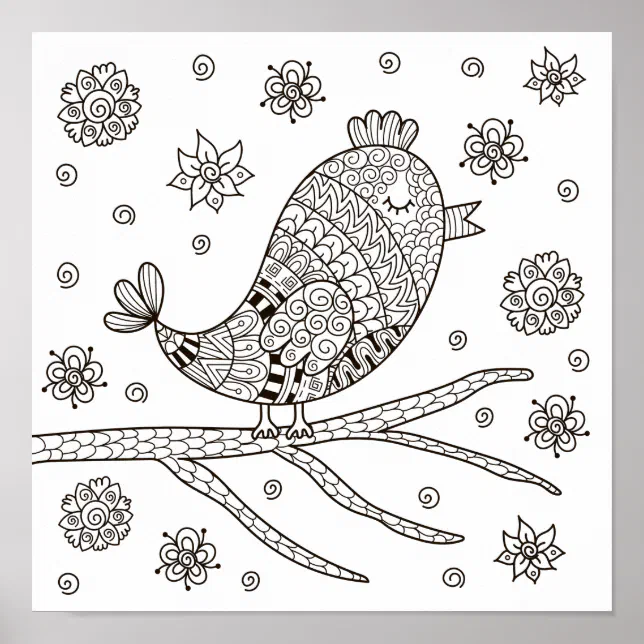 Coloring Page Bird Chirping Poster | Zazzle