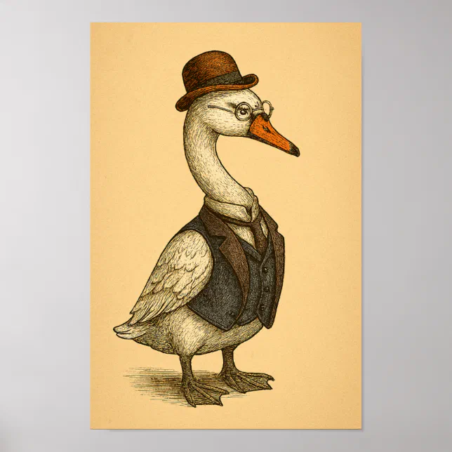 Colorized Goose with Glasses and Bowler Cap Poster | Zazzle