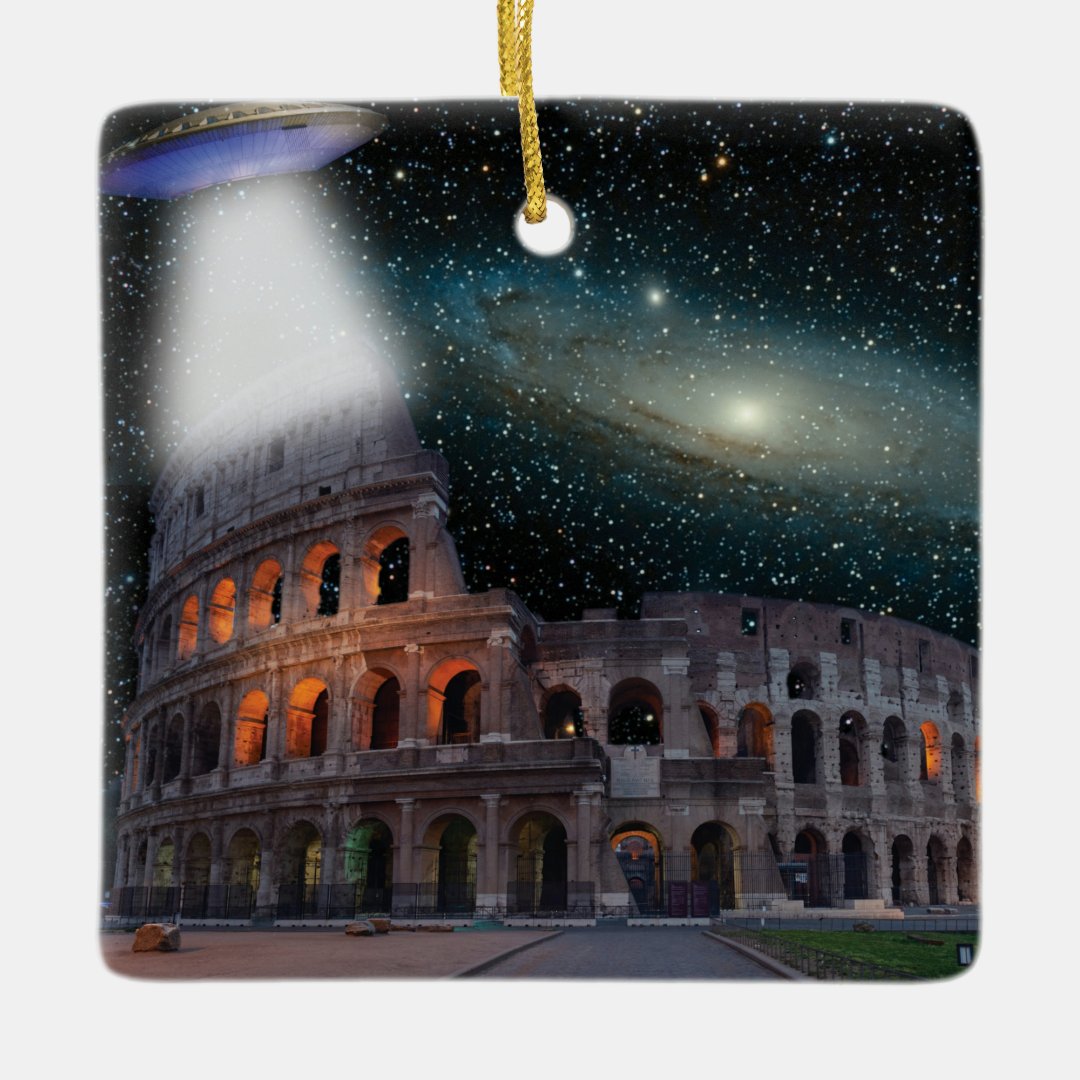 Colosseum Rome Italy Meets Space and UFO Ceramic Ornament | Zazzle