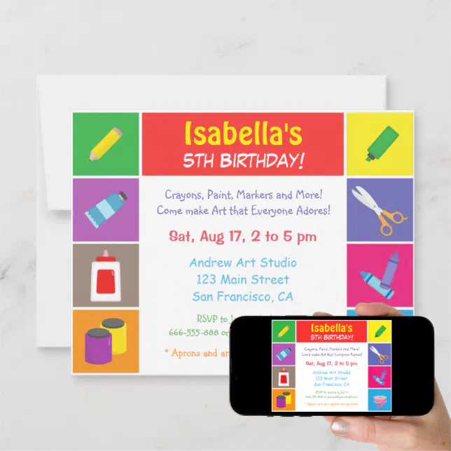 Colourful Arts and Craft Theme Kids Birthday Party Invitation | Zazzle