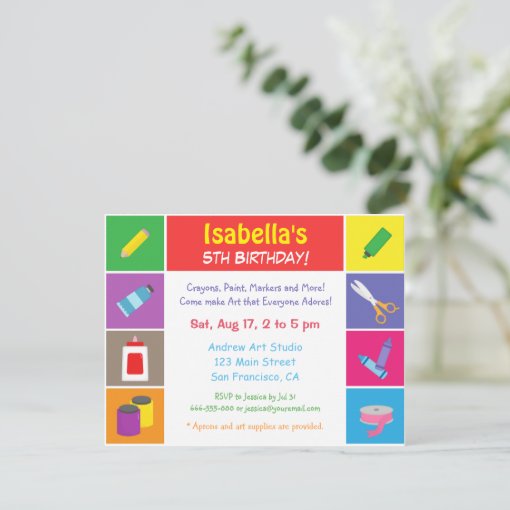 Colourful Arts and Craft Theme Kids Birthday Party Invitation | Zazzle
