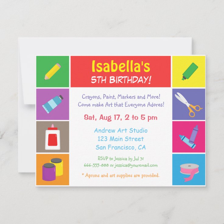 Colourful Arts and Craft Theme Kids Birthday Party Invitation | Zazzle