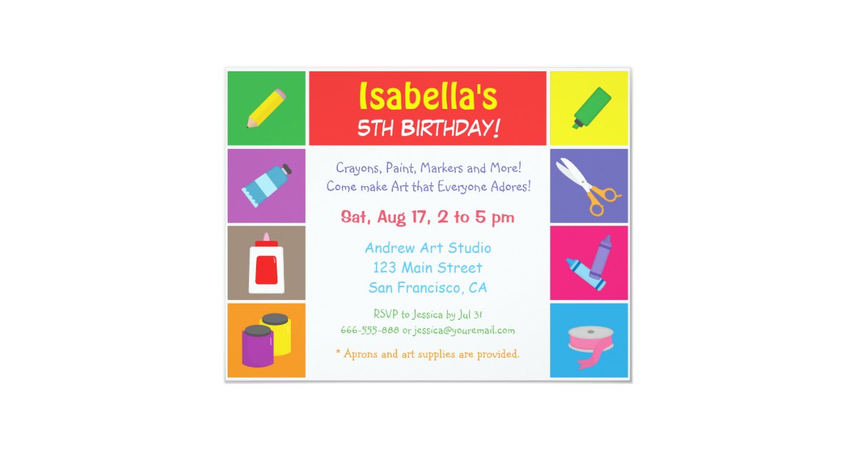 Colourful Arts and Craft Theme Kids Birthday Party Invitation | Zazzle.com