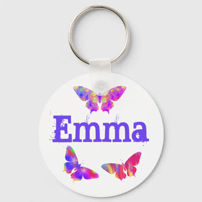 Colourful Butterfly Art Pattern Emma Add Name Keychain | Zazzle