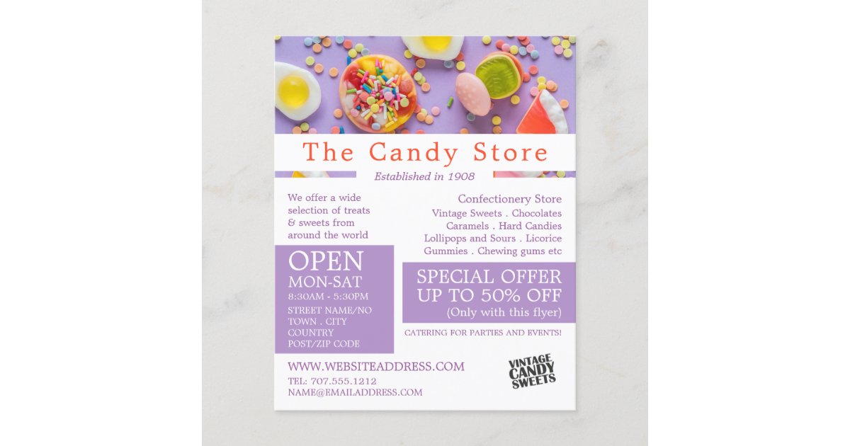 Colourful Candy, Confectionery Supplies Advert Flyer | Zazzle