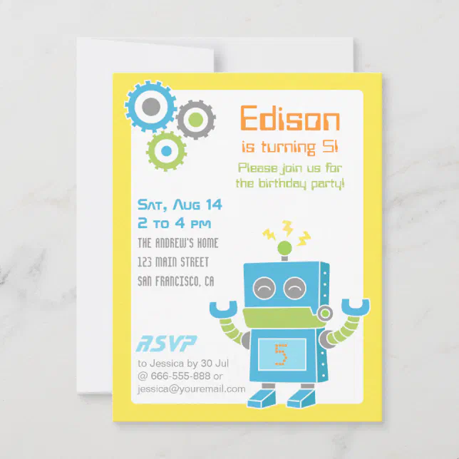 Colourful Cute Robot Birthday Party Invitations | Zazzle