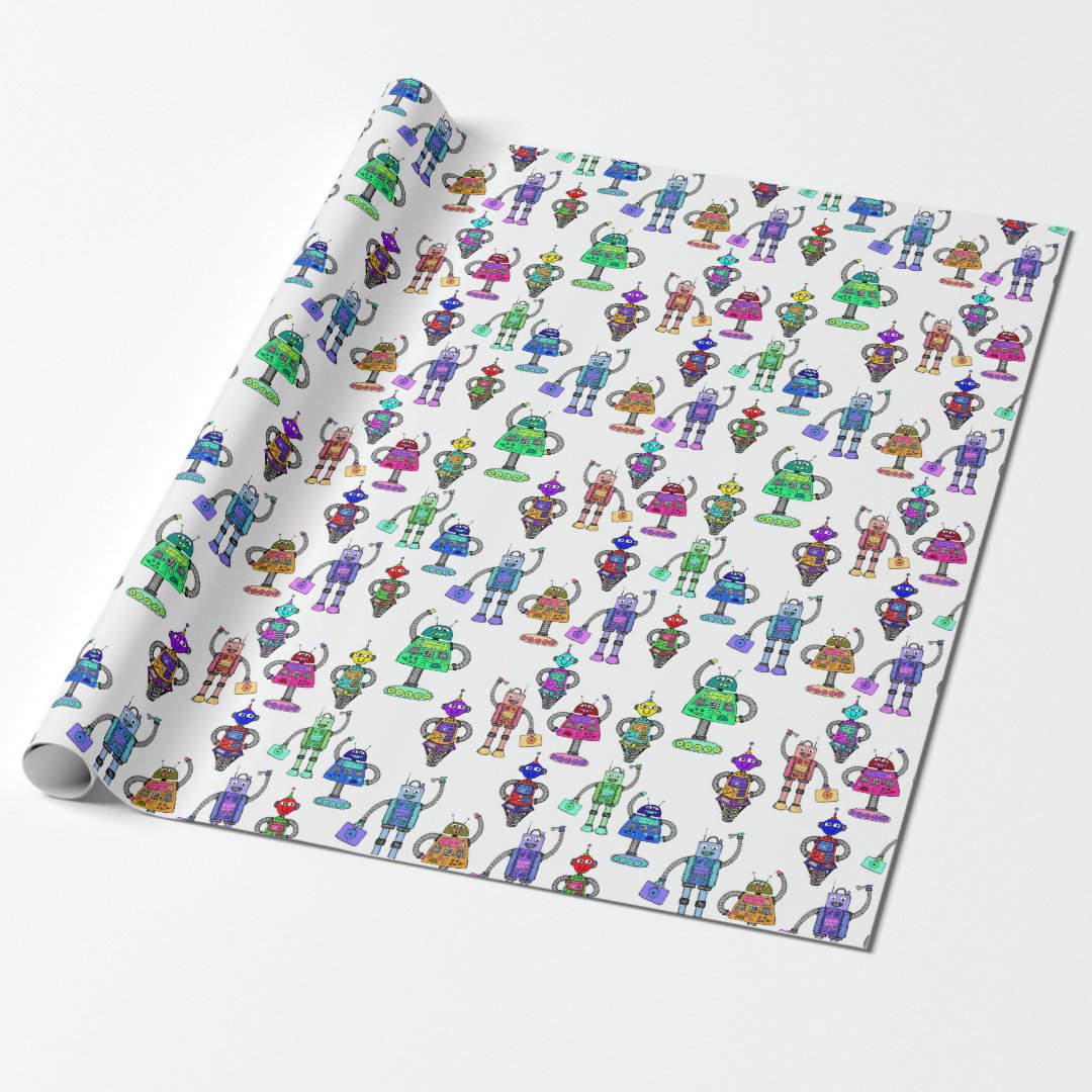 Colourful cute robots on white background wrapping paper | Zazzle