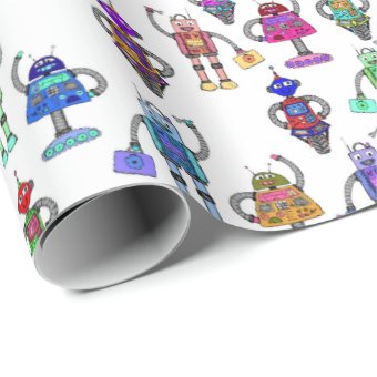 Colourful cute robots on white background wrapping paper | Zazzle