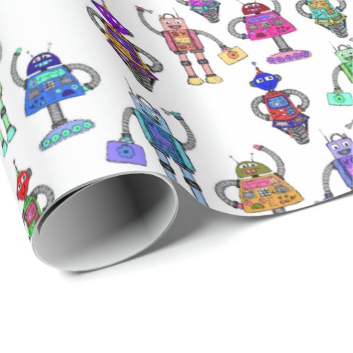 Colourful cute robots on white background wrapping paper | Zazzle