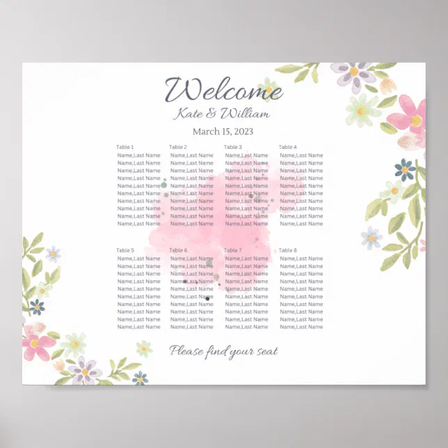 Colourful floral landscape Wedding 8 table seating Poster | Zazzle