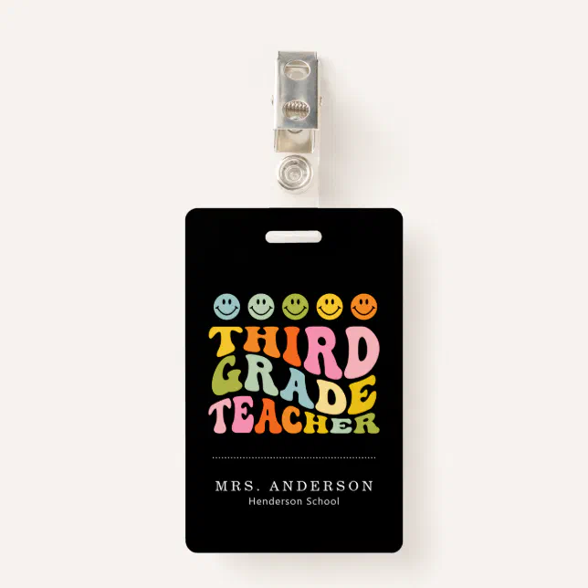 Colourful Fun Third Grade Teacher Custom Name Badge | Zazzle