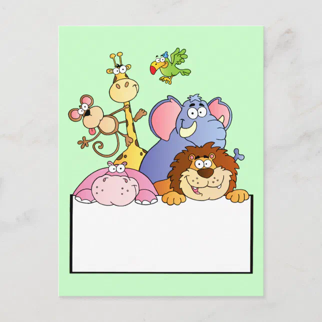 colourful JUNGLE ANIMALS sign board cartoon funny Postcard | Zazzle