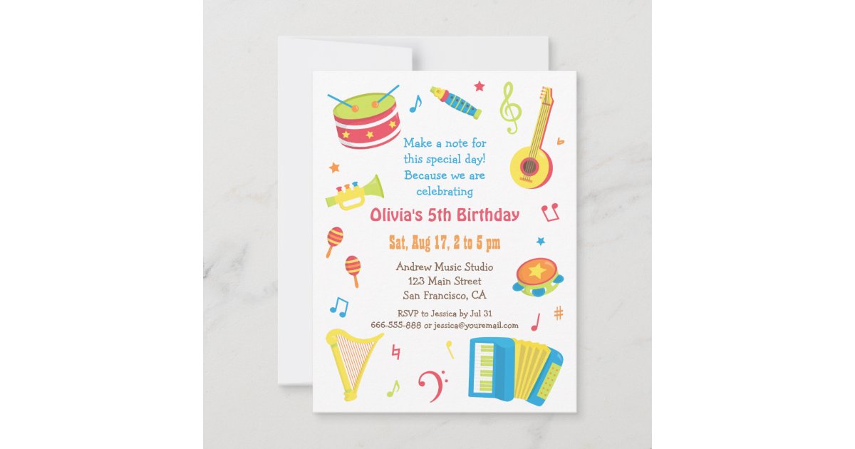 Colourful Music Instruments Kids Birthday Party Invitation | Zazzle