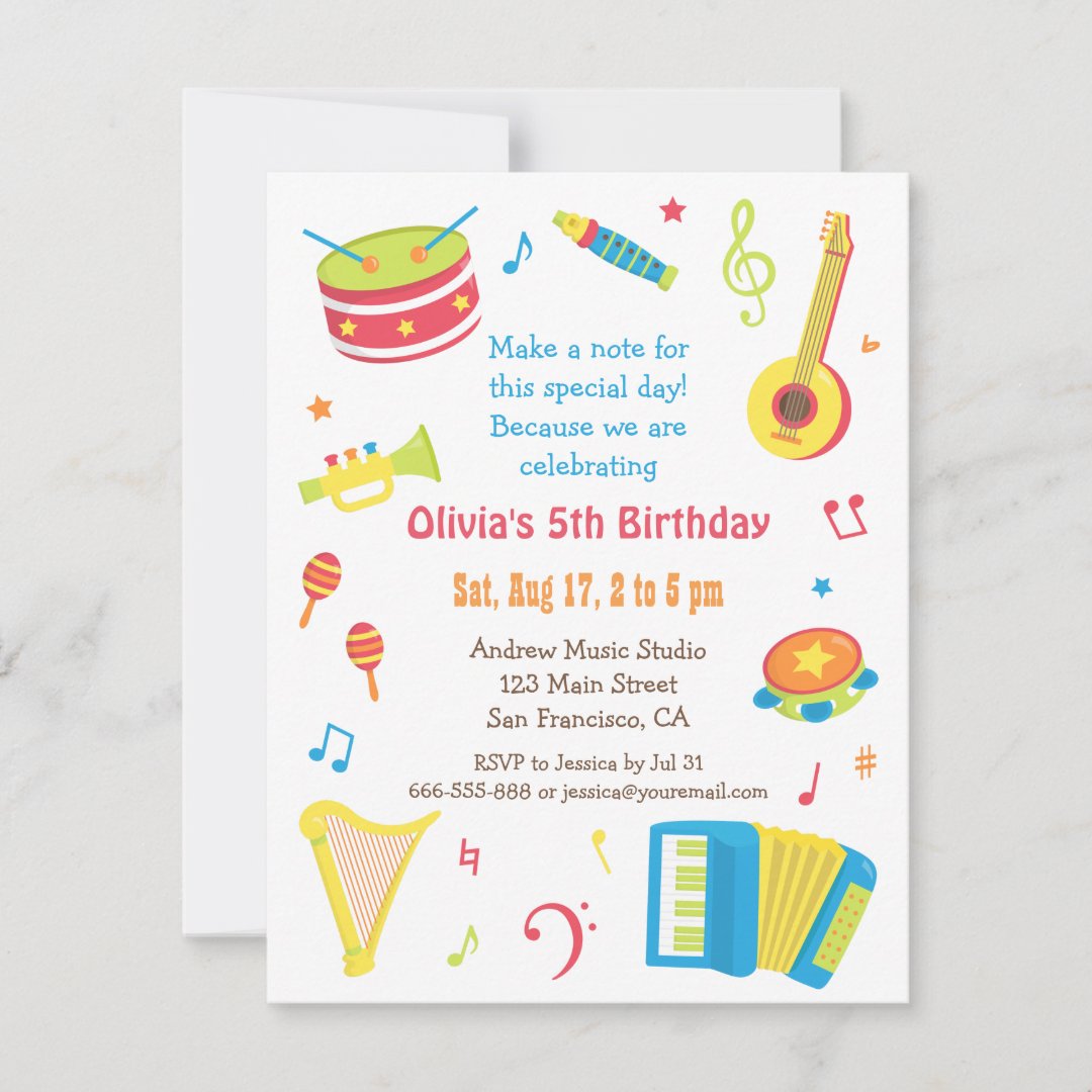 Colourful Music Instruments Kids Birthday Party Invitation | Zazzle