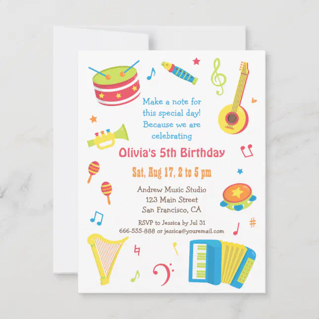 Colourful Music Instruments Kids Birthday Party Invitation | Zazzle