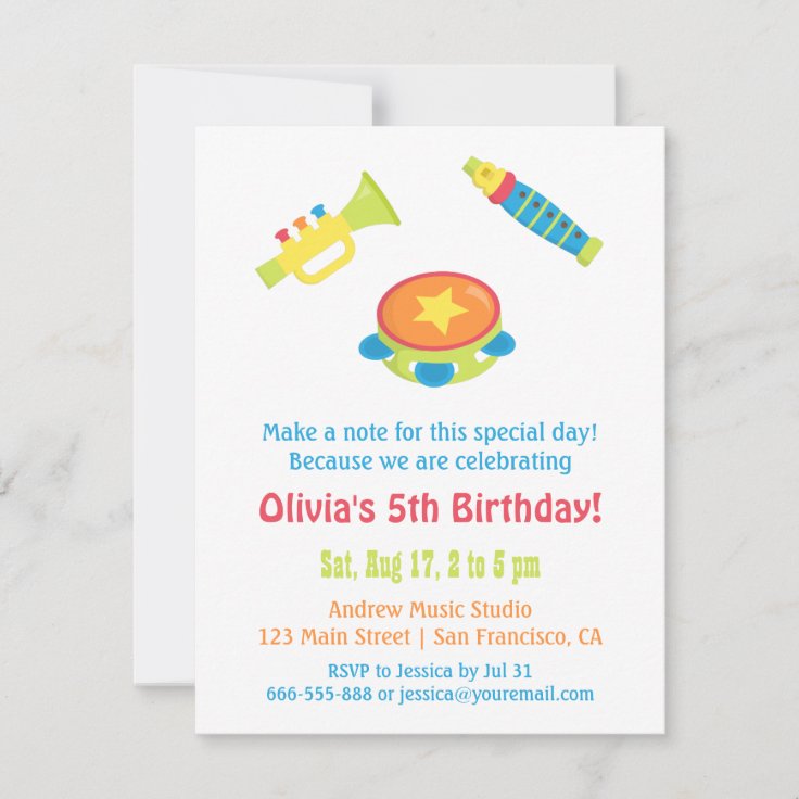 Colourful Music Instruments Kids Birthday Party Invitation | Zazzle