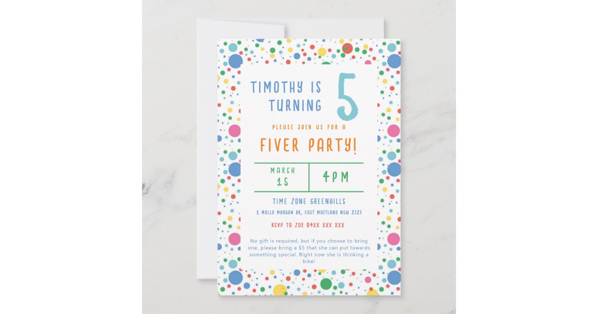 Colourful Pokadot Fiver Party Birthday Invitation | Zazzle