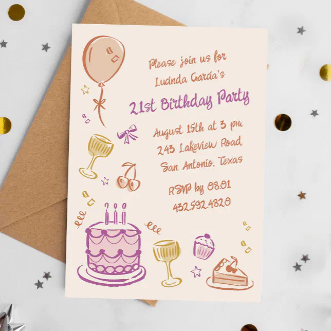 Colourful Scribble Hand Drawn 21st Birthday Party Invitation | Zazzle