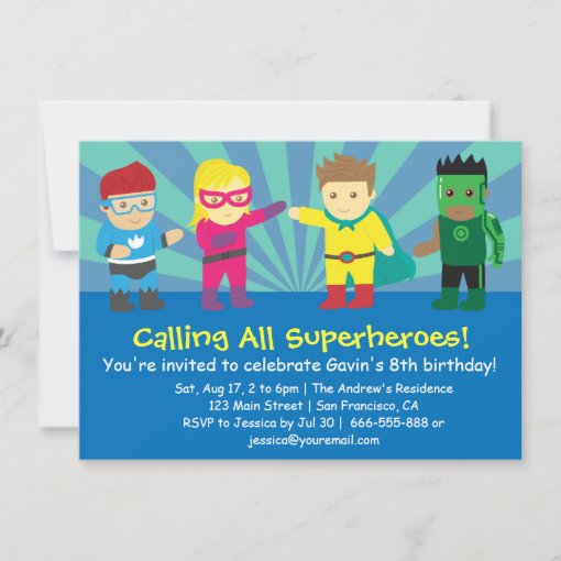 Colourful Superhero Birthday Party For Kids Invitation | Zazzle