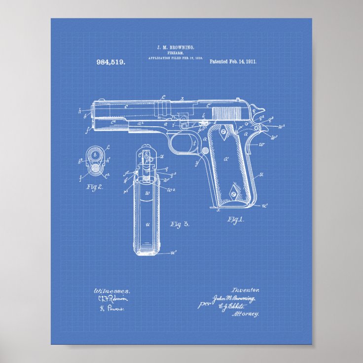 Colt .45 1911 Patent Art - Blueprint Poster | Zazzle