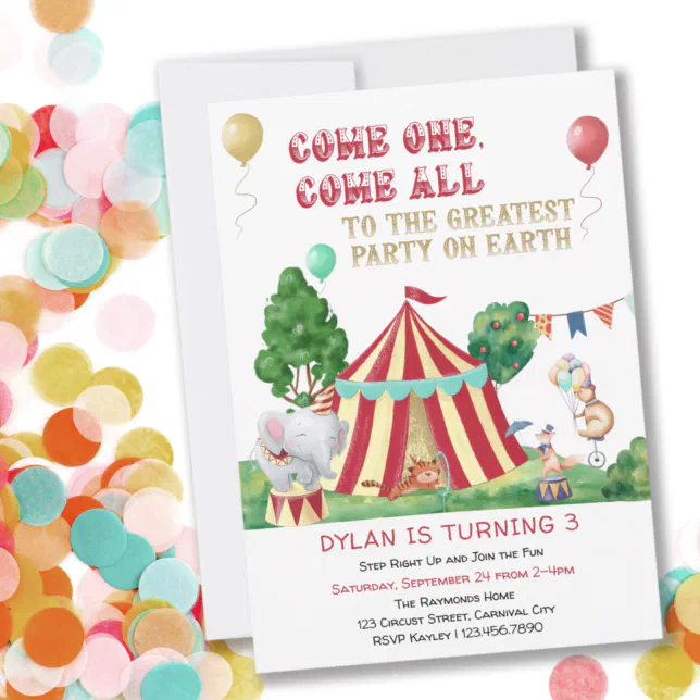 Come One Come All Circus Themed Kids Birthday Invitation | Zazzle
