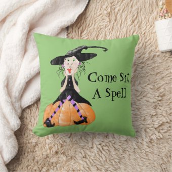 Come Sit A Spell Witch Halloween Pillow | Zazzle