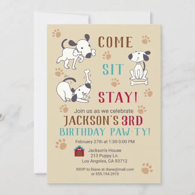Come, Sit, Stay - Boys Dog Birthday Party Invite | Zazzle