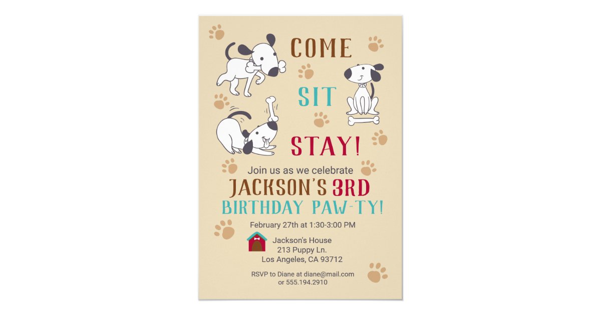 Come, Sit, Stay - Boys Dog Birthday Party Invite | Zazzle.com