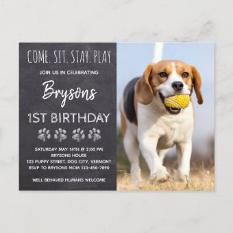 Come Sit Stay Play Chalkboard Puppy Dog Birthday Invitation Postcard ...