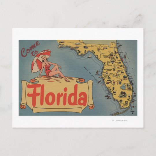 Come to Florida Map of the State, Pin-Up Girl Postcard | Zazzle.com