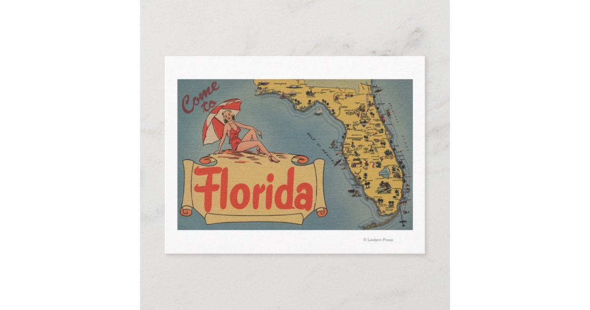 Come to Florida Map of the State, Pin-Up Girl Postcard | Zazzle