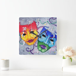 Comedy and Tragedy Square Wall Clock | Zazzle