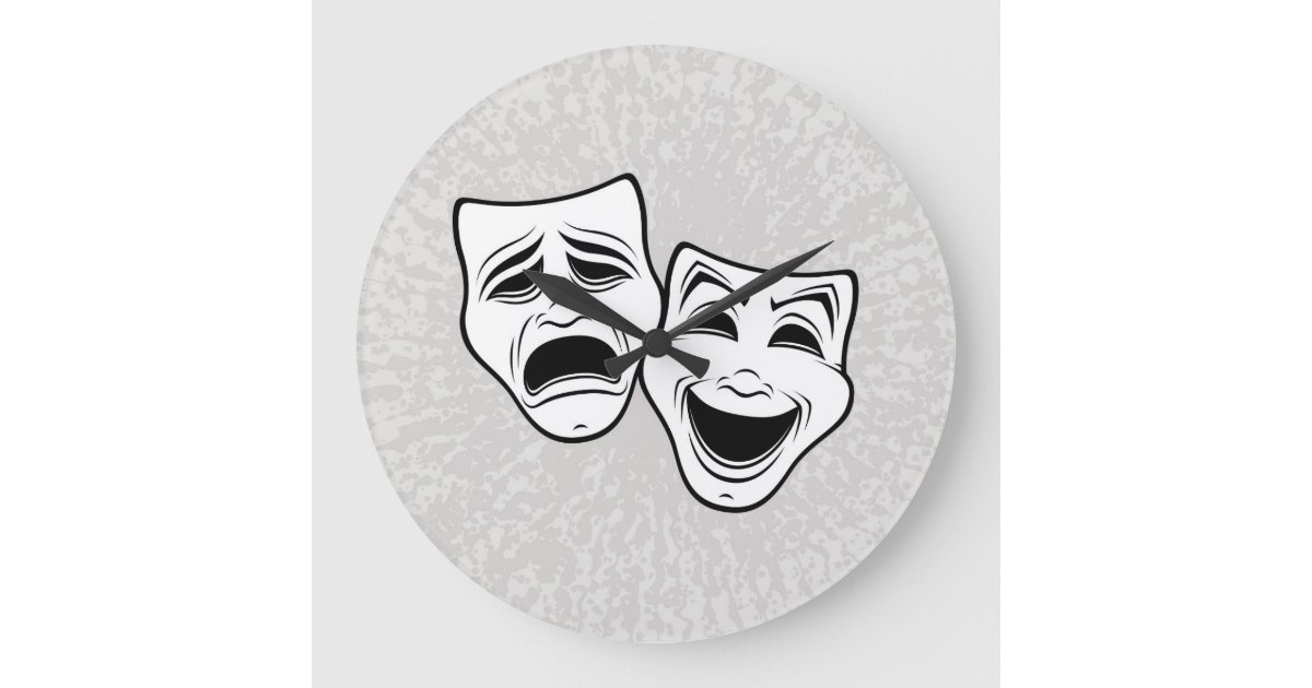 Comedy And Tragedy Theater Masks Black Line Large Clock | Zazzle