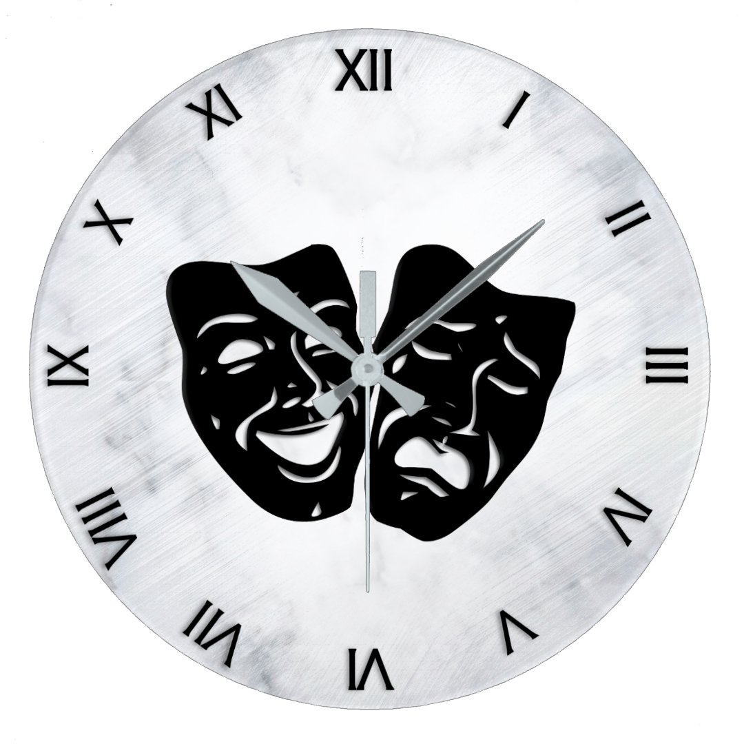 Comedy and Tragedy Theater Masks Numerals Large Clock | Zazzle