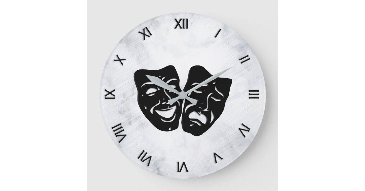 Comedy and Tragedy Theater Masks Numerals Large Clock | Zazzle