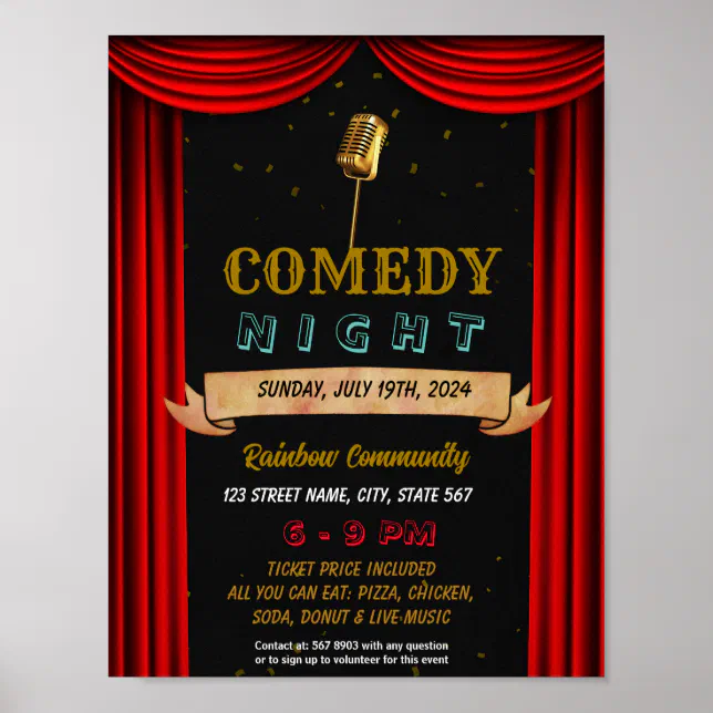 Comedy night school event template poster | Zazzle