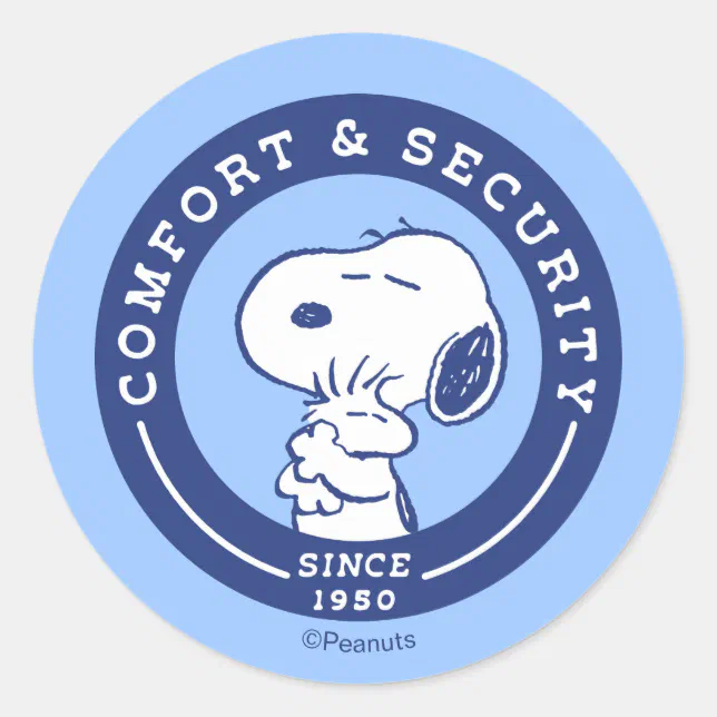 Comfort & Security | Snoopy & Woodstock Hug Classic Round Sticker | Zazzle