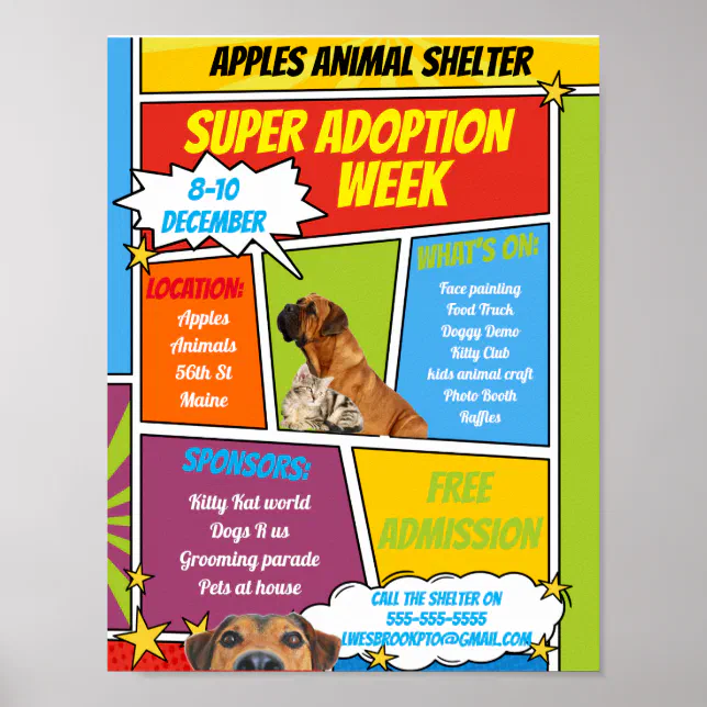 COMIC animal shelter adoption SUPER HERO Poster | Zazzle
