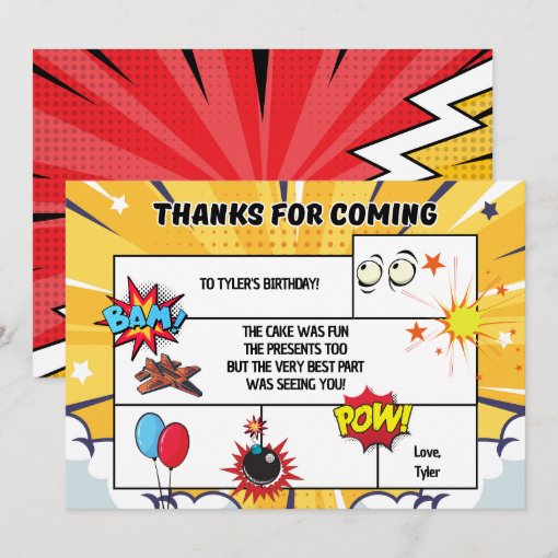 Comic Birthday Party Thank You Card | Zazzle