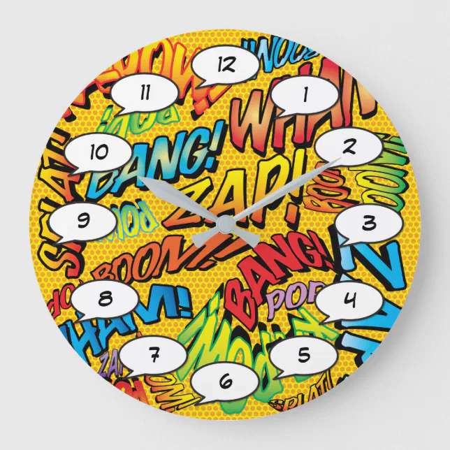 Comic Book Pop Art Sounds Large Clock | Zazzle