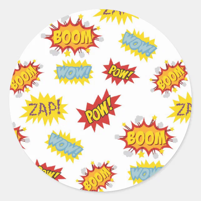 Comic book style sound effect pattern classic round sticker | Zazzle